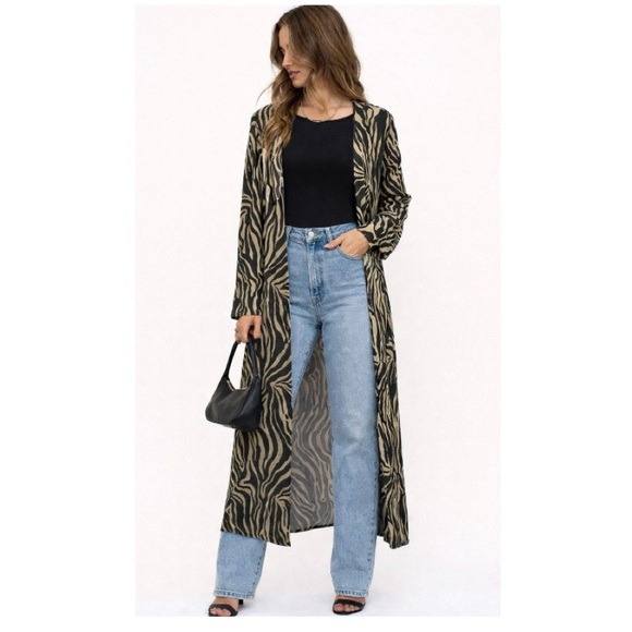 Revamped | Jackets & Coats | Zebra Print Long Duster Jacket Beige Black ...
